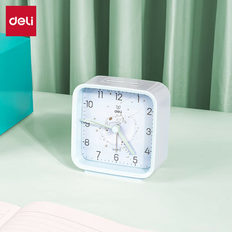 Deli Square Pointer Alarm Clock with Night Light, Bedroom Bedside Clock, Student Wake-Up Aid, Blue 8851