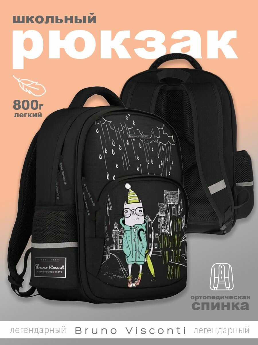 Рюкзак Bruno Visconti классический черный с эргономичной спинкой "RAINY DAY.CAT"