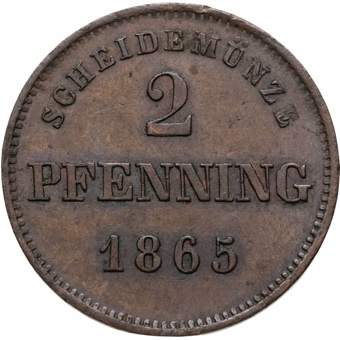 Бавария 2 пфеннинга 1865, Медь, в сохранности XF-AU