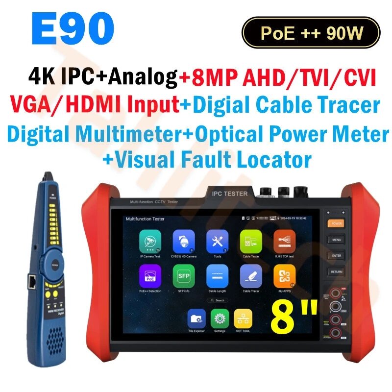 TahLiTech E90 8" IP-камерный тестер 4K PoE++ 90W