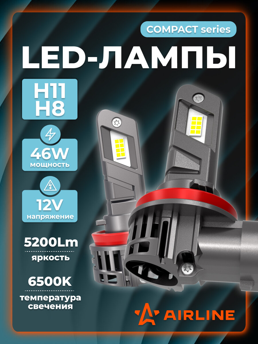 Лампа светодиодная H11/H8 COMPACT, 23Вт, 5200Лм (2600Лм x 2), 6500К (Белый), 12В, комплект 2 шт. МП-серия AEAR272 AIRLINE