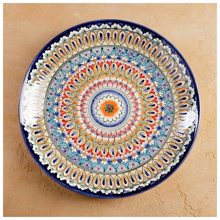 Ляган узбекский Риштанская Керамика "Узоры", синий, керамика, 32 см