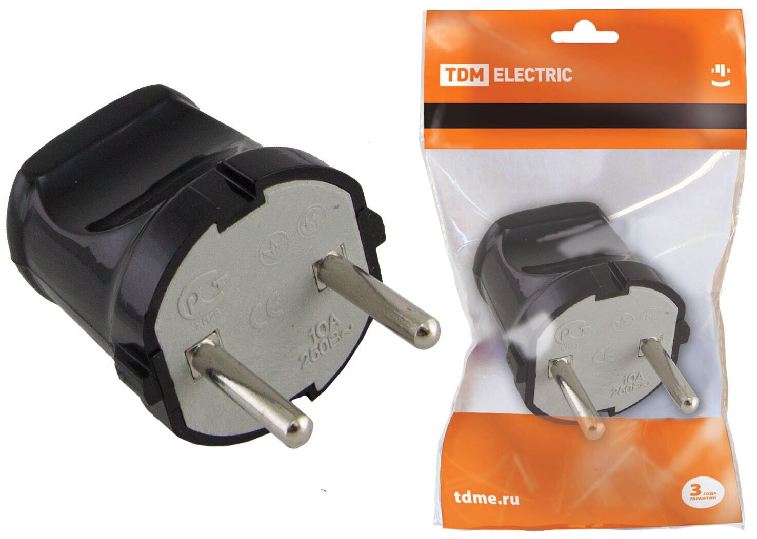 Вилка TDM б/заземляющего контакта, 6А 250В, черная {SQ1806-0002}