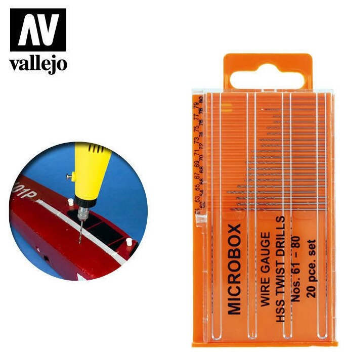 Набор свёрел для модельной дрели VALLEJO TOOLS: SET OF 20 DRILL BITS, NO. 61-80 mm