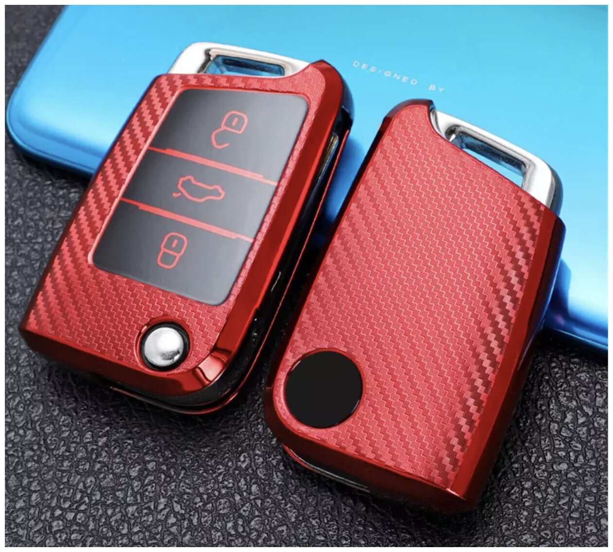 Чехол на ключ TPU Skoda Volkswagen / Шкода Фольксваген carbone red