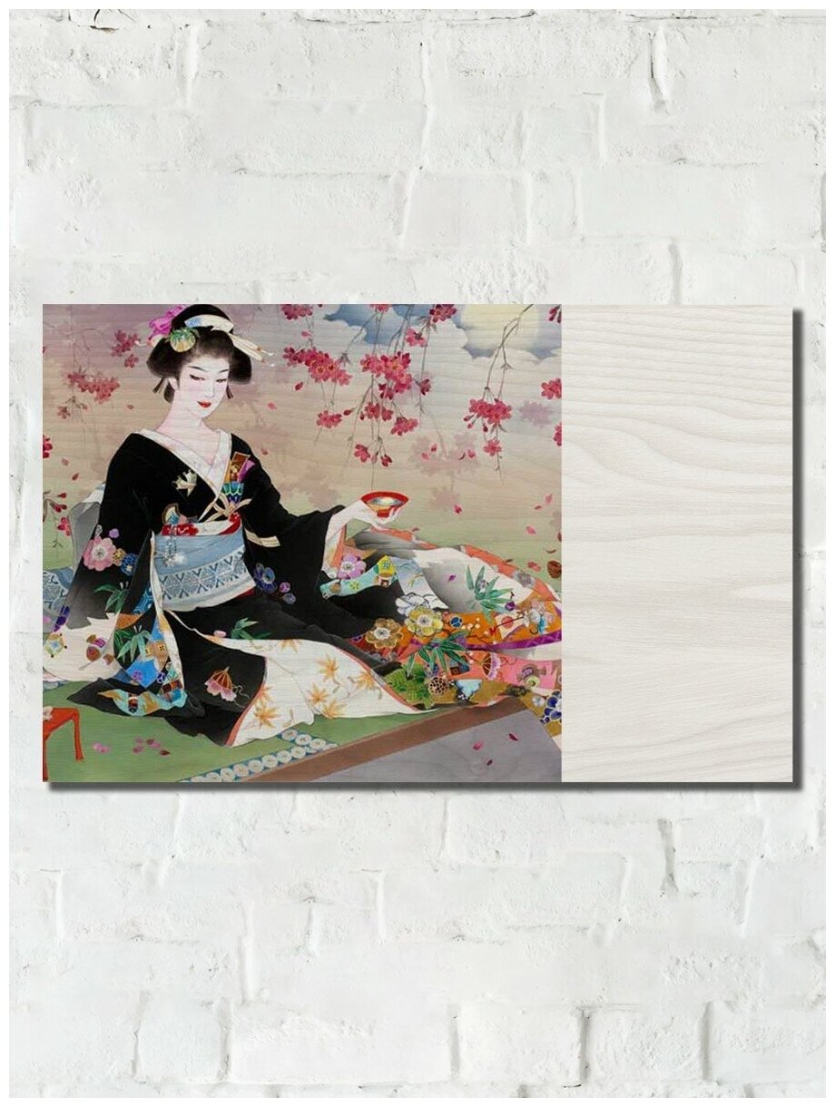 Картина интерьерная на дереве японская живопись (гейша) - 842
