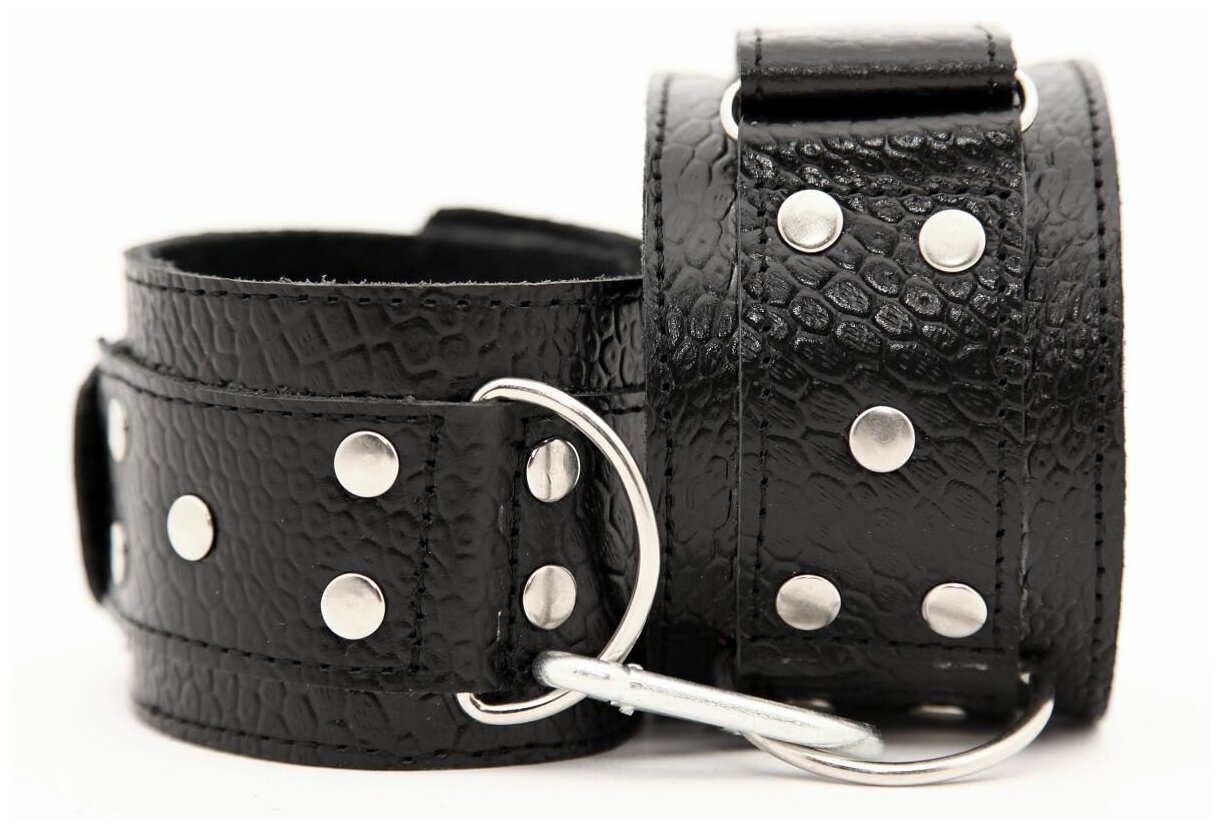 Чёрные кожаные наручники, БДСМ Арсенал, натуральная кожа, черный