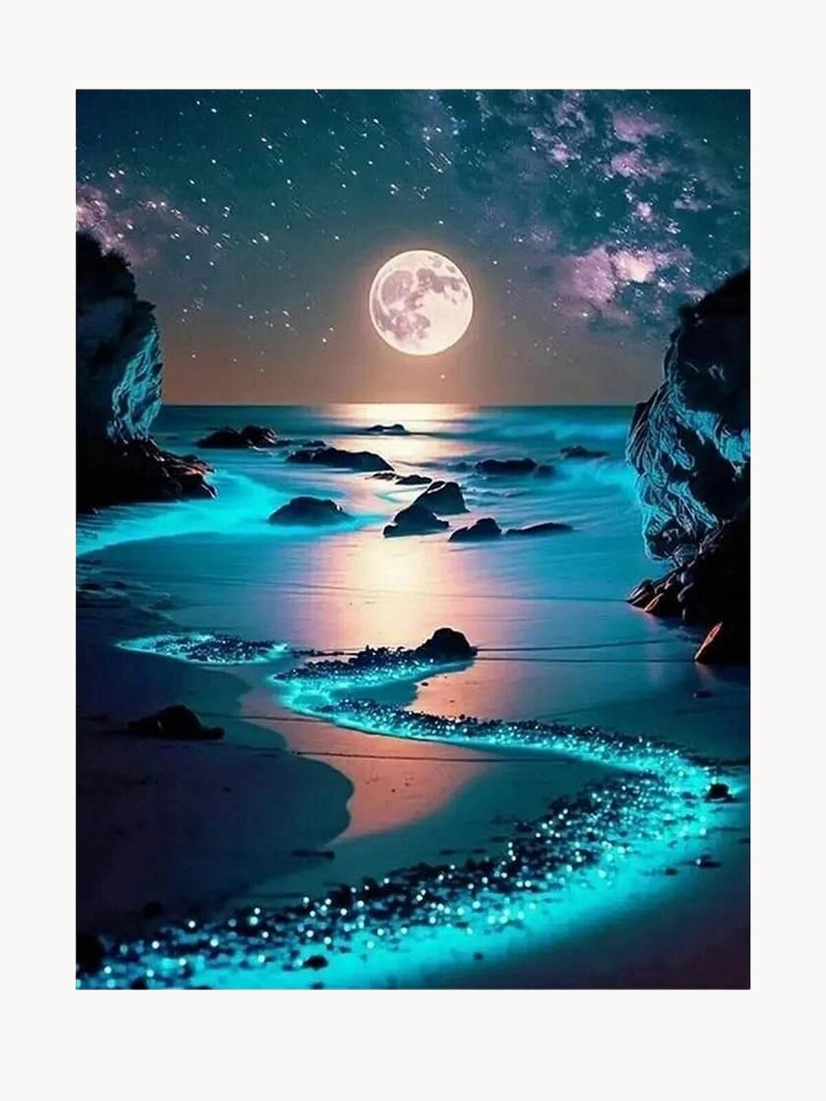 Алмазная мозаика большая картина "Пляжный лунный свет" 30х40 см со светящимся в темноте стразами и 5Д элементами