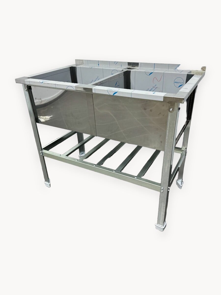 Ванна моечная двухсекционная с бортом ВМ-АБВ-О-р 1010х585х870 (450х440х300 мойка нерж, полка решетка и каркас оцинк.)