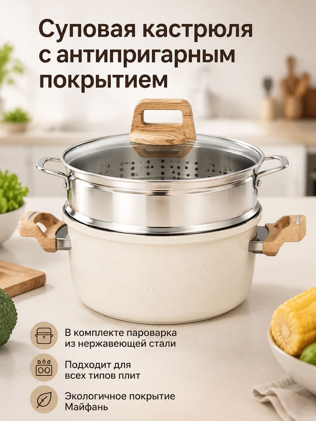 Кастрюля с пароваркой, 22 см, мраморное покрытие, стеклянная крышка, для супа и тушения