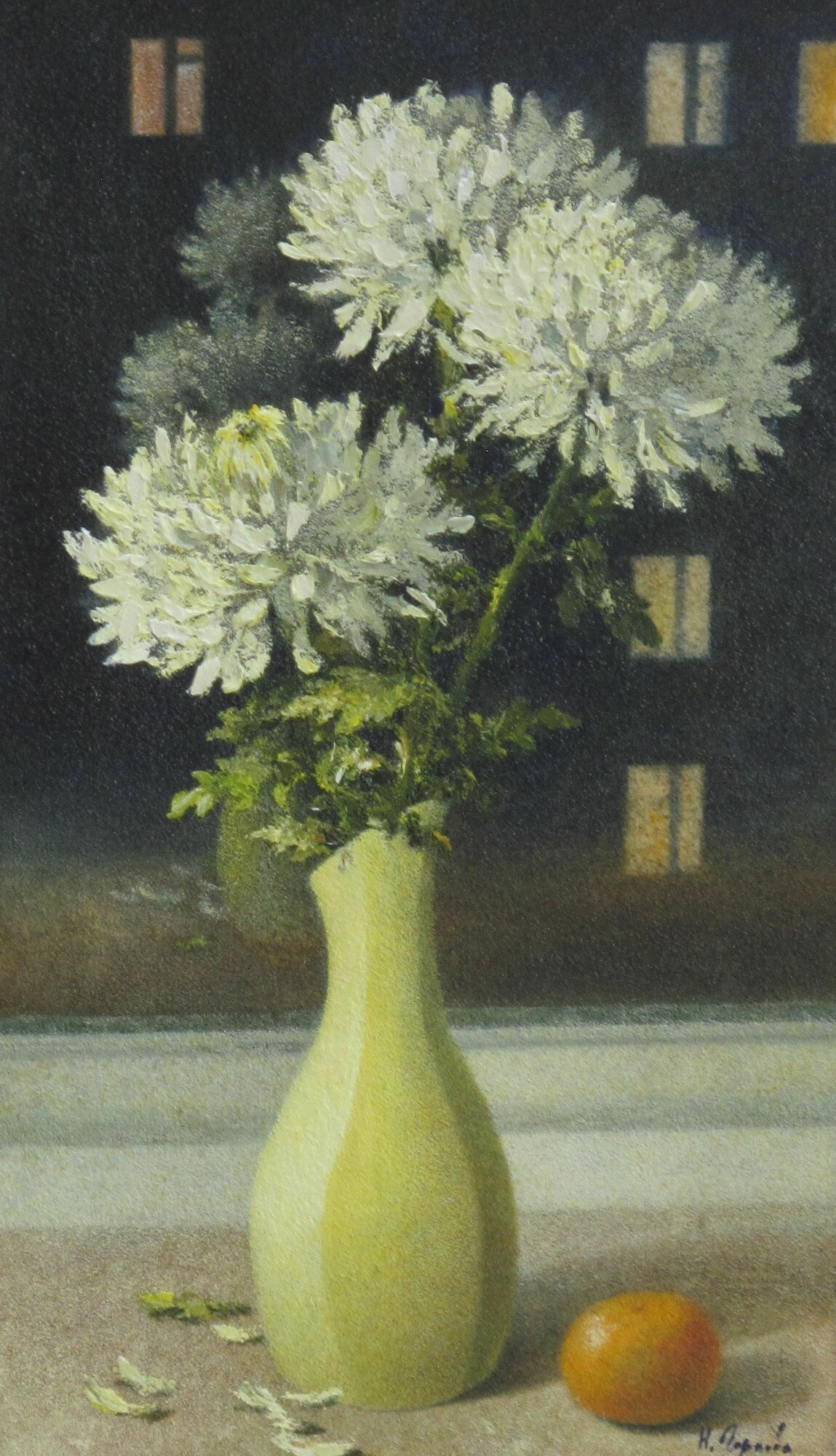 Картина "Хризантемы у окна", 50х30 см, холст; масло, авторская работа;