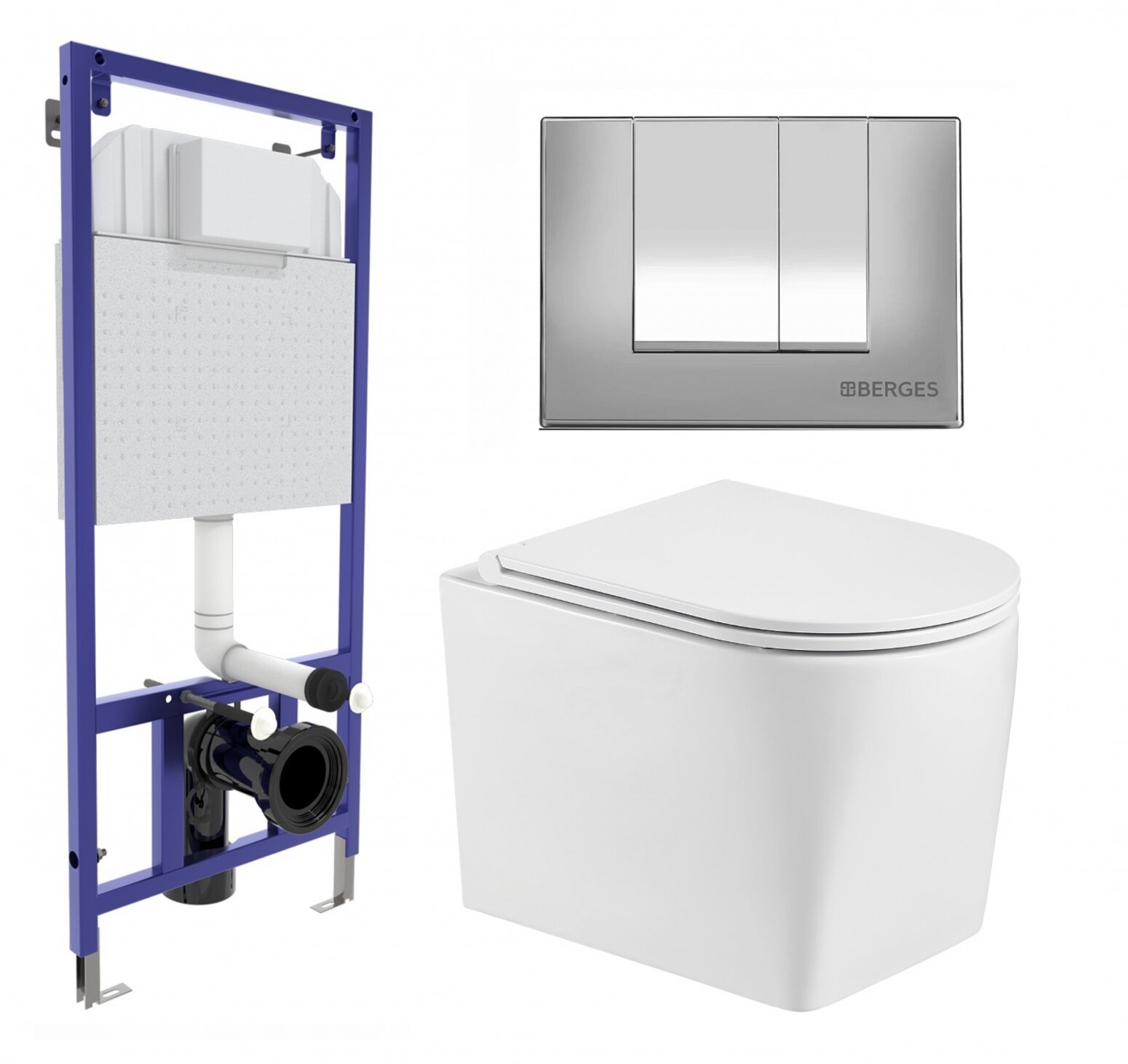 Комплект 3 в 1 инсталляция Berges Wasserhaus Novum 040242 + Унитаз подвесной WeltWasser Nesenbach 004 GL-WT + кнопка хром матовая