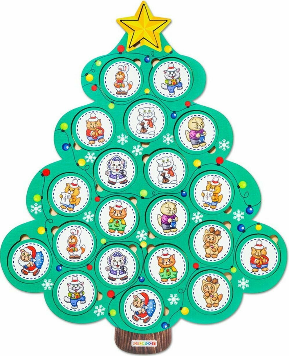 Новогоднее мемо Smile Decor "Забавные коты", настольная мемори-игра для детей на развитие памяти, деревянная рамка-вкладыш, найди пару