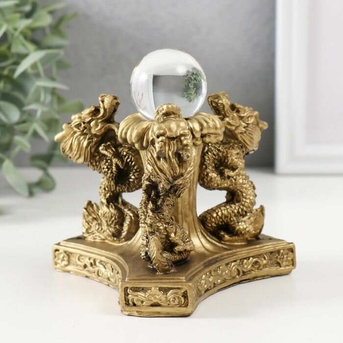 Сувенирная фигурка КНР "Драконы со стеклянным шаром", полистоун, под бронзу, 8х12х12 см