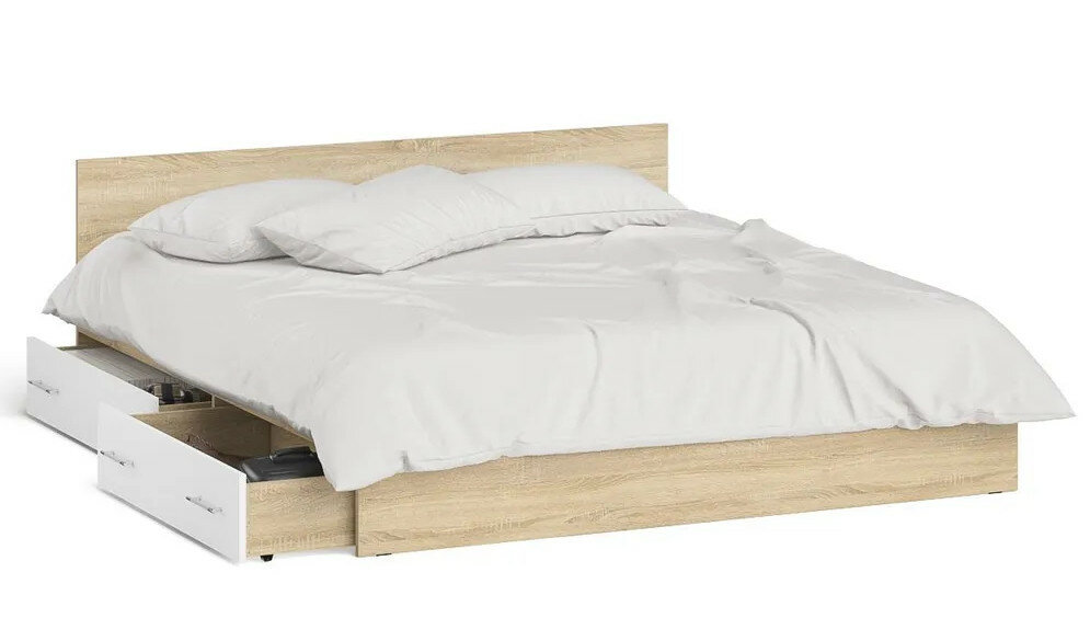 Кровать с ящиками СВК Мори 180х200, цвет дуб сонома/белый , два ящика, с основанием, без матраса