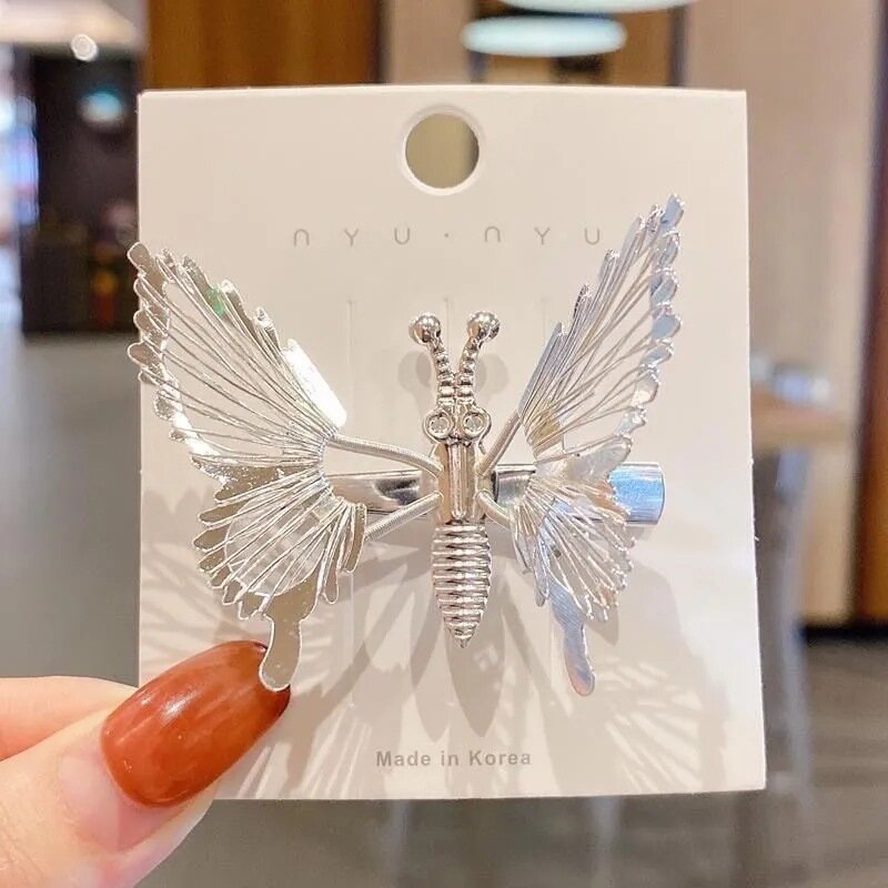 Заколка-бабочка, серебристая, сплав