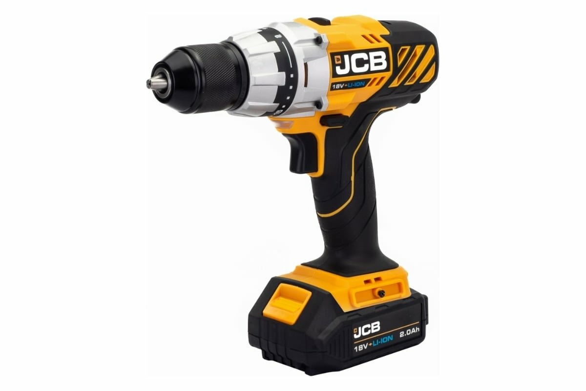 JCB Дрель-шуруповерт аккумуляторная (-18DD-B-E) 18V, max 45Nm в комплекте с зарядным устройством (-18VFC-E) 2.4A и батареей аккум(-20LI-E) 2.0AH JCB-18DD-2X-E(57237)