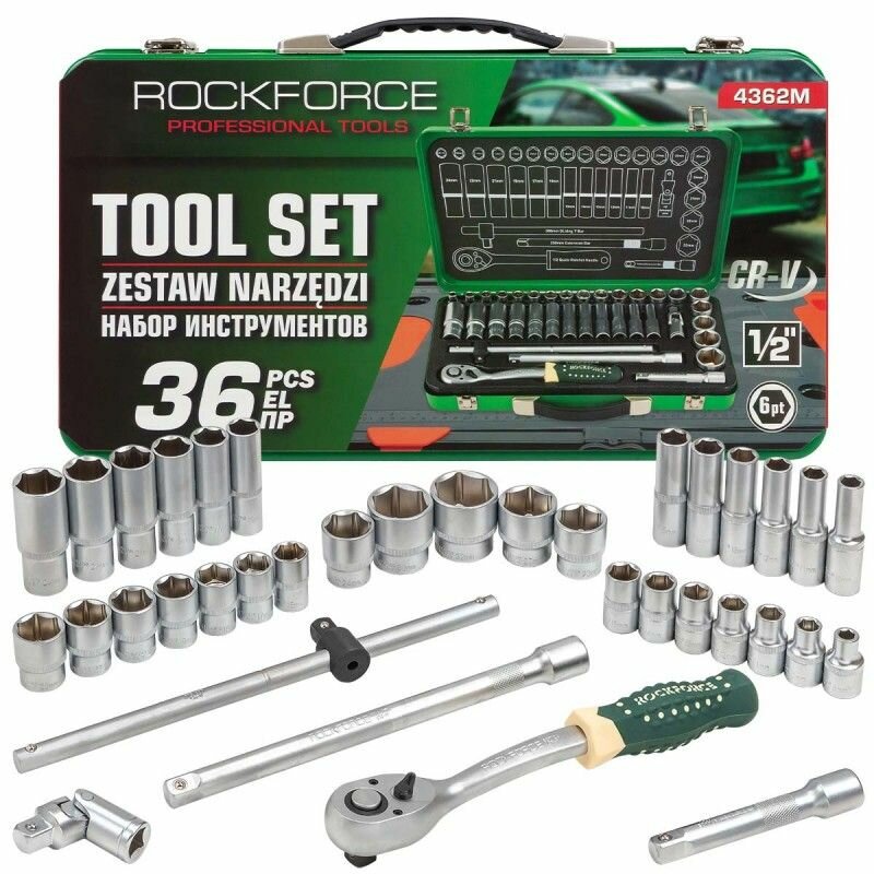 Набор инструментов 36 предметов ROCKFORCE, 1/2", Cr-V, в кейсе
