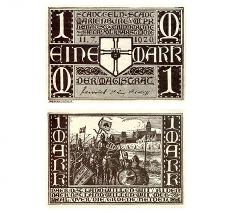 Нотгельд 1 марка 1920 Германия, Мариенбург, сувенирная копия, банкноты и купюры редкие коллекционные