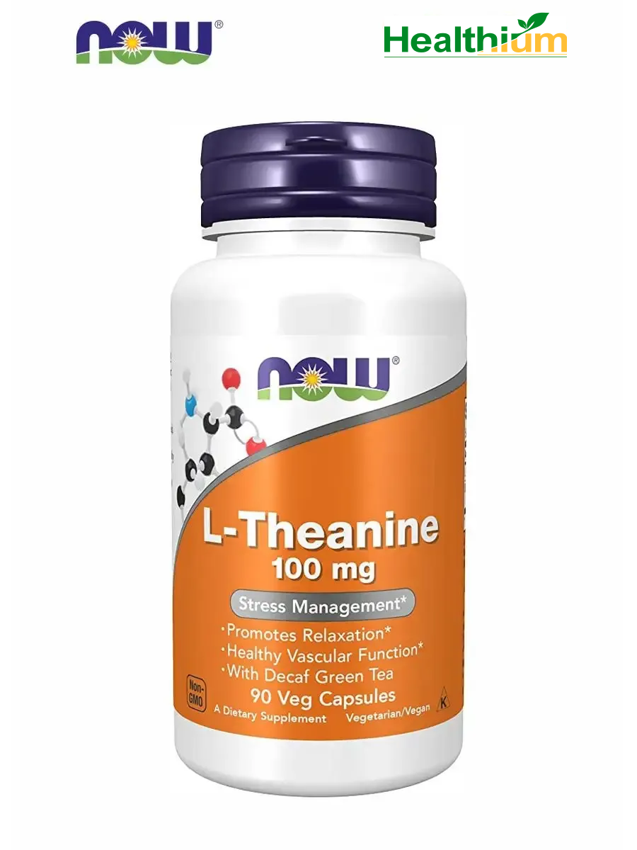 NOW L-Theanine 100мг 90 капсул Нау L-Тианин 100 мг, Теанин + Зелёный чай, без кофеина
