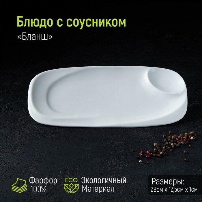 Блюдо фарфоровое Magistro с соусником "Бланш", 28х12,5 см, белое