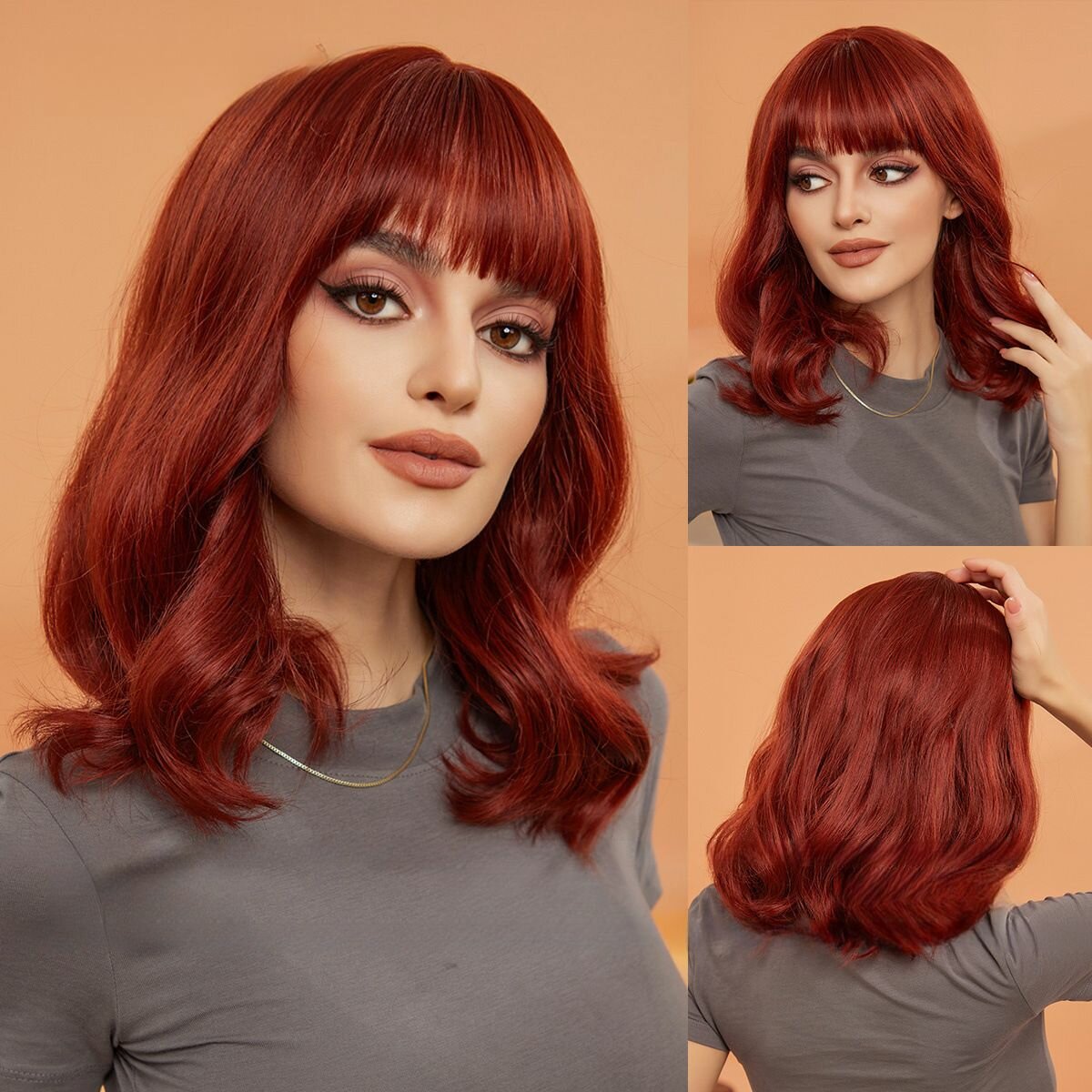 Женский парик винно-красного цвета с короткими вьющимися волосами, естественно пушистыми, с челкой