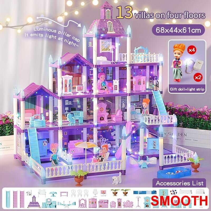 Кукольный домик с мебелью, игрушечный дом для кукол состоит из 4х этажей и 13 комнат, подарочный детский игровой набор для девочки
