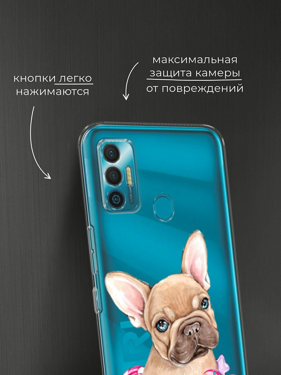 Чехол на Tecno Spark 7 / Техно Спарк 7 с принтом "Бульдог и сладости", прозрачный — фото 1