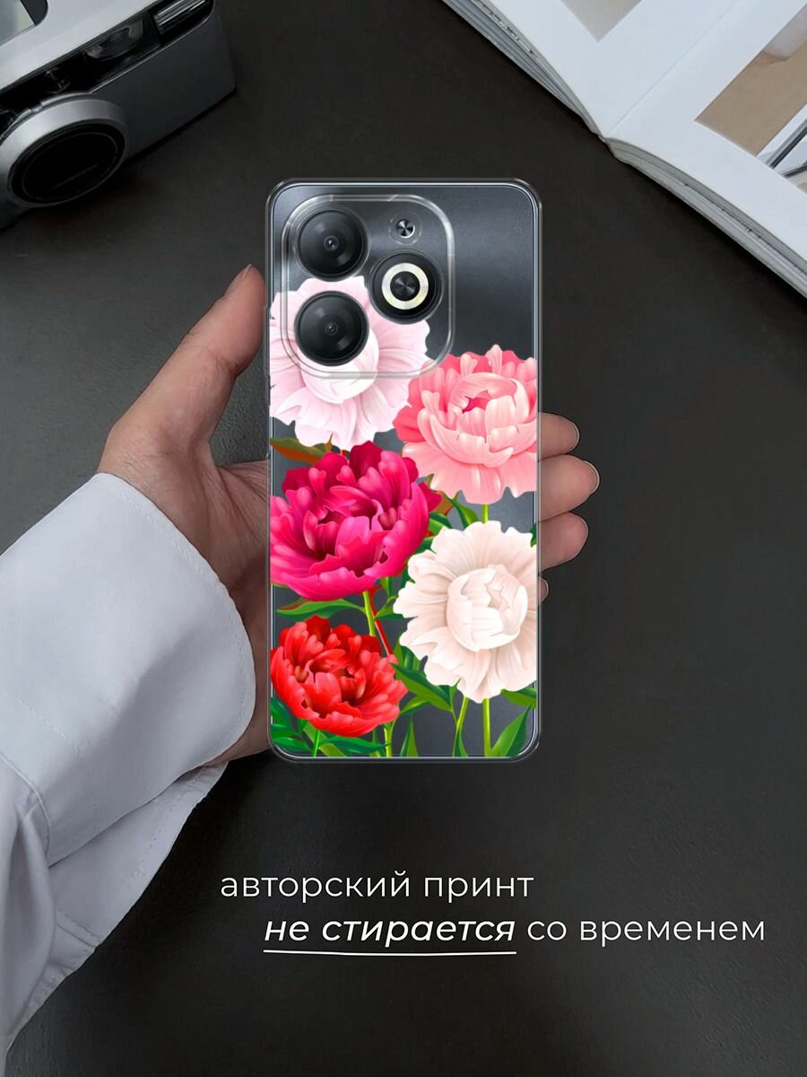 Чехол на Infinix Smart 8/8 HD/HOT 40i / Инфиникс Смарт 8/8 HD/HOT 40i с принтом "Большие пионы", прозрачный — фото 1