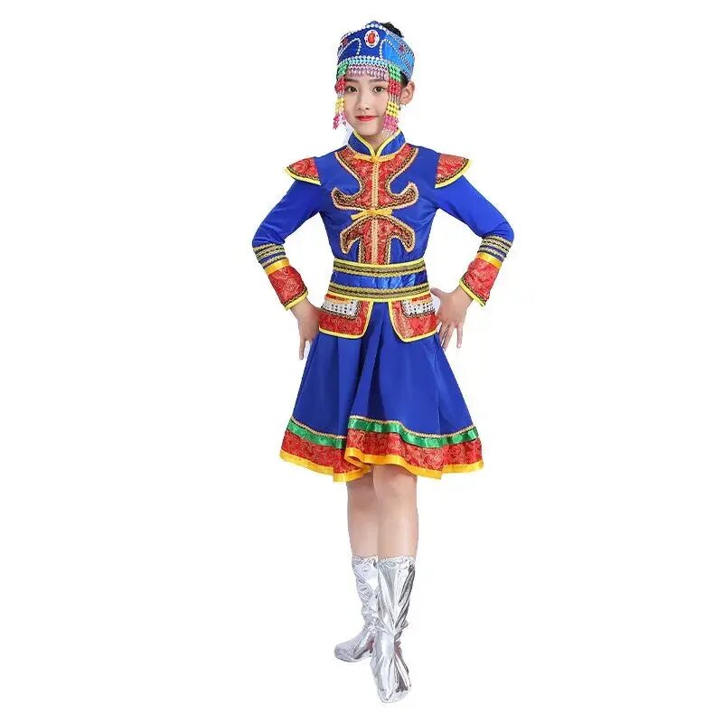 Детский монгольский костюм, розовый красный, полиэстер, хлопок Синий, M Height 120cm, Girl Blue 2