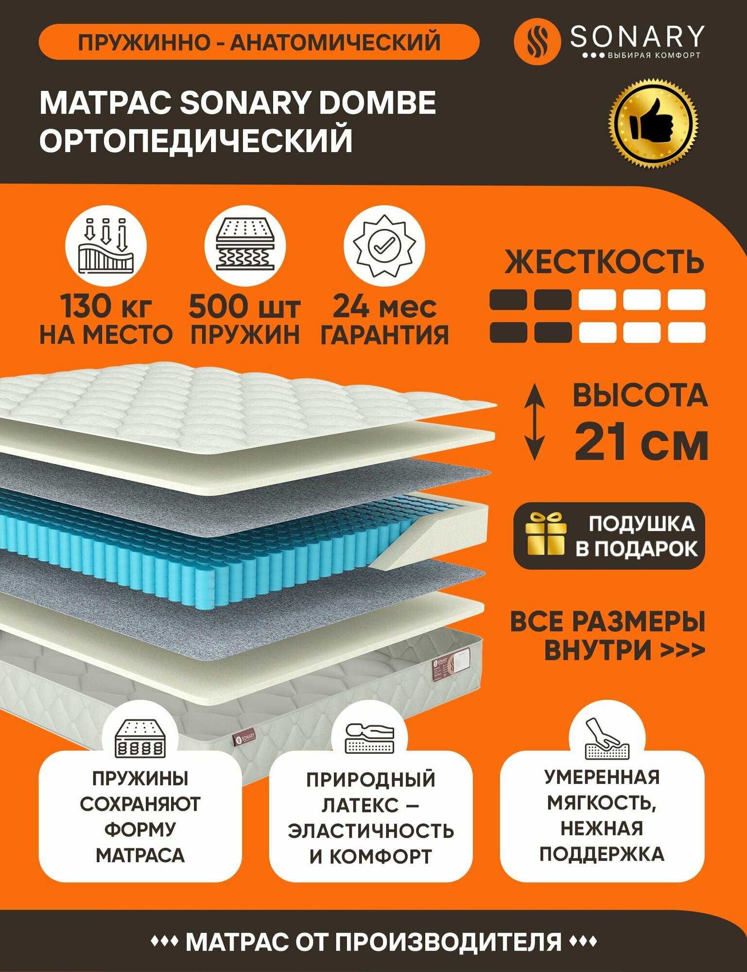 Матрас Sonary Dombe 90х210 серии Town высота 21 см анатомический средней жесткости латексный Независимые пружины