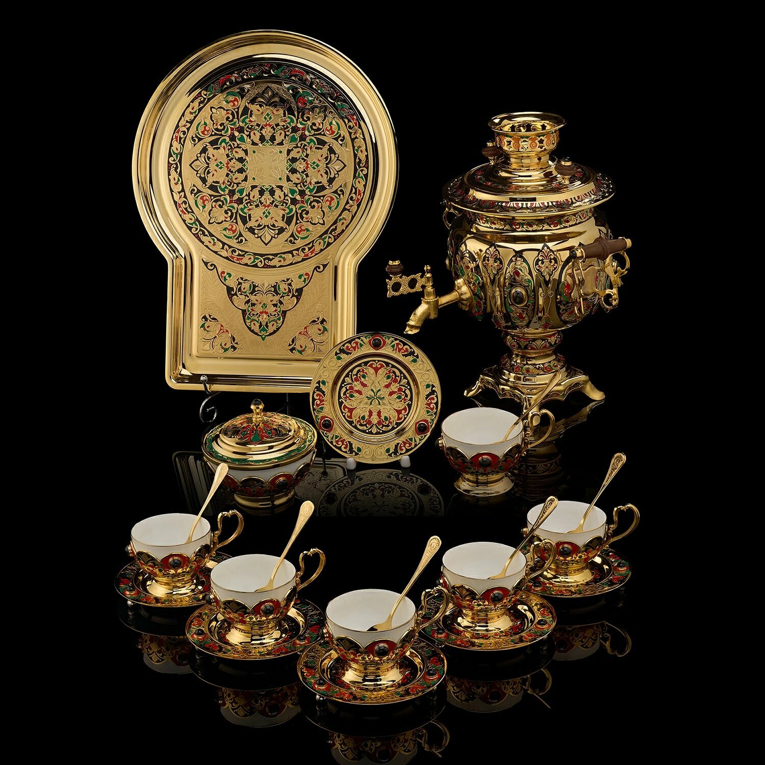206925 Златоуст Набор с самоваром "золотая хохлома" на 6 перс+сах, эмаль, агат
