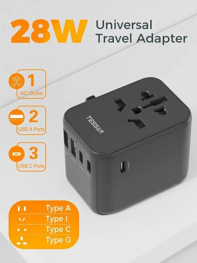 Переходник с китайской вилки на российскую , переходник на евровилку c 2 USB-A,3 USB-C