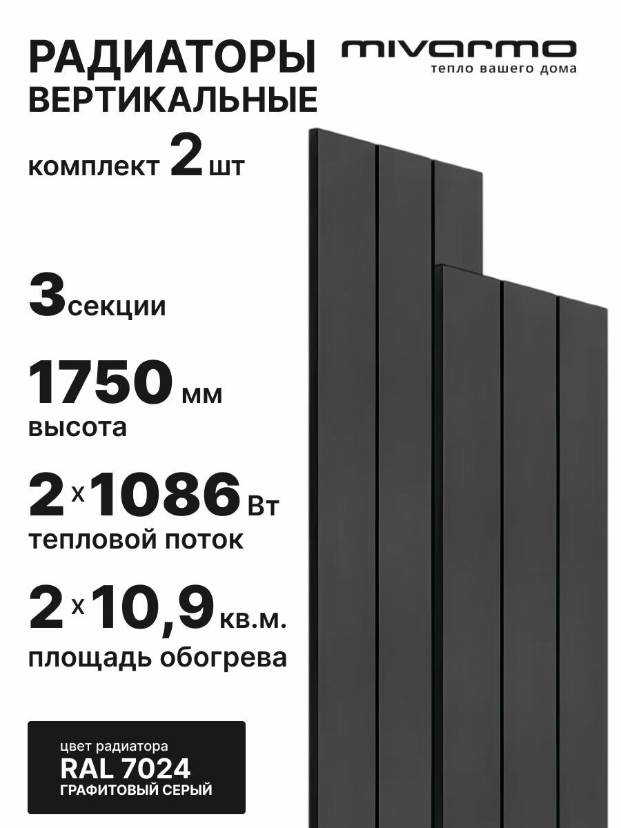 Комплект алюминиевых радиаторов отопления вертикальных, горизонтальных MIVARMO, графитовый муар, 1750 мм 3 секции из 2 шт.
