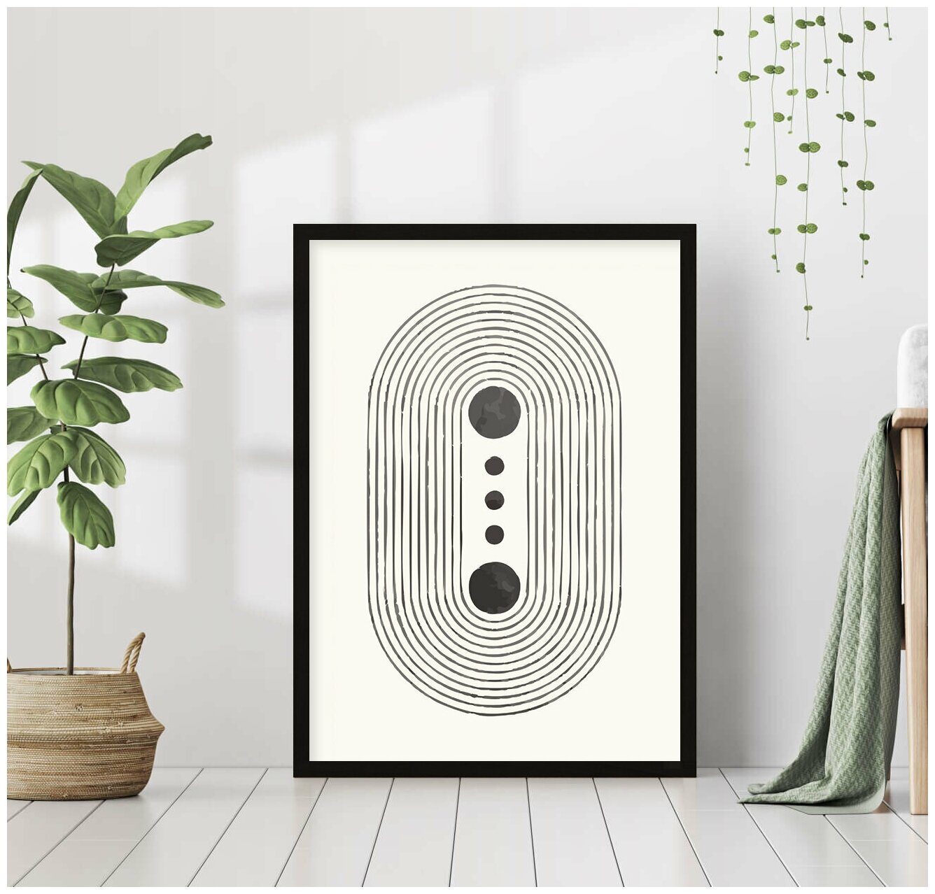 Постер "Абстракция черно белая, линейный рисунок, минимализм, линии, пятна" 50х70 в черной рамке для интерьера на стену