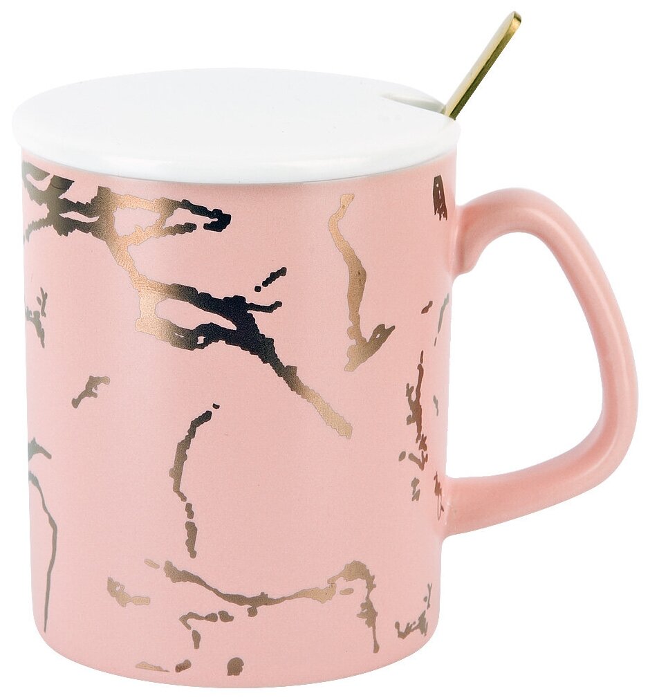 Кружка фарфоровая с крышкой и ложкой "Розовый мрамор", 380 мл, Nouvelle