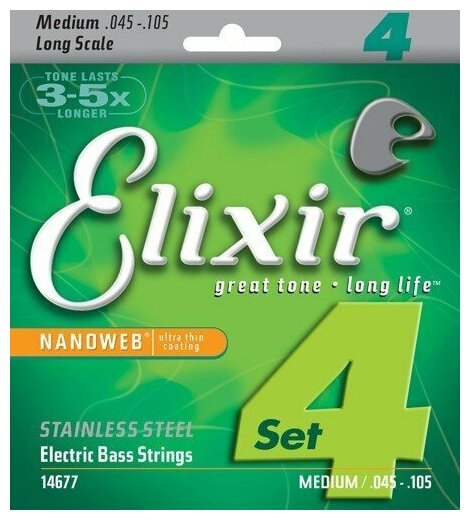 Струны для бас-гитары Elixir NanoWeb 14677 45-105, сталь