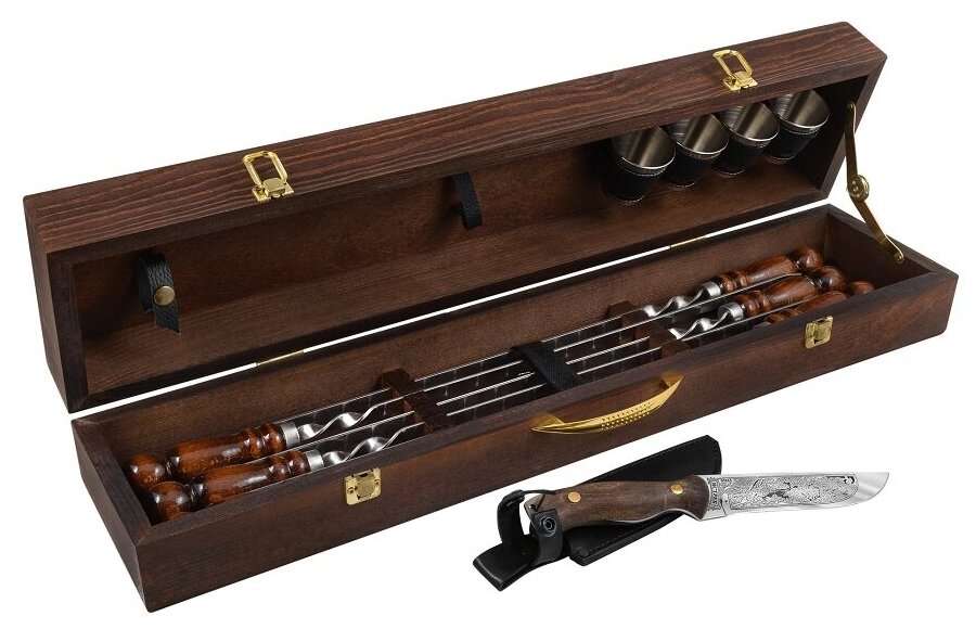 Шашлычный набор Mirus Group 12/3М, 6 шампуров, деревянный кейс, нержавеющая сталь, орех