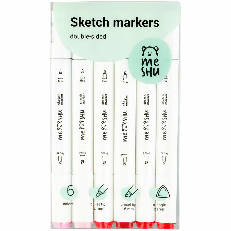 Набор двусторонних маркеров для скетчинга MESHU 06цв, розовые цвета, корпус трехгранный, пулевид./клиновид. наконечники, ПВХ-бокс, 314509