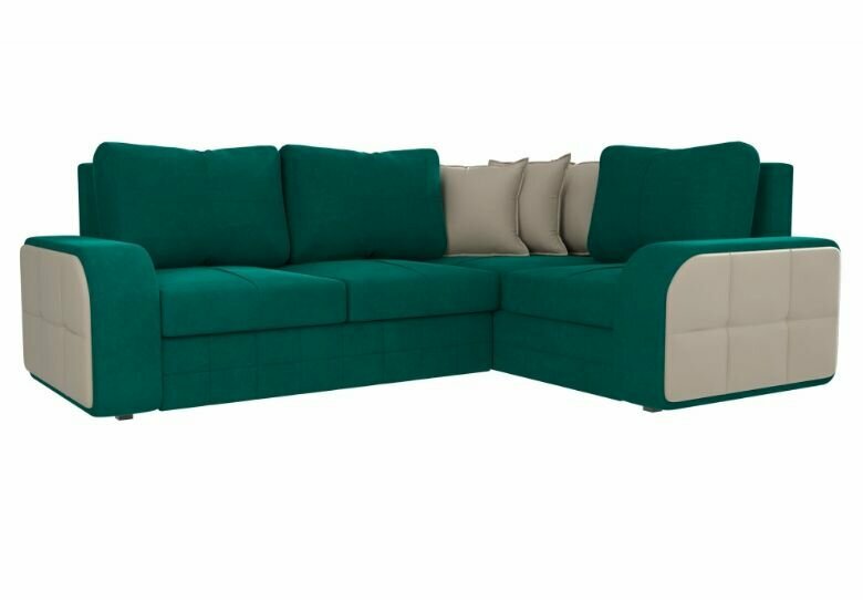 Угловой диван Николь №2, Велюр, Зеленый/Экокожа Бежевый, Угол правый, Ящик для белья, 268х195х95 см