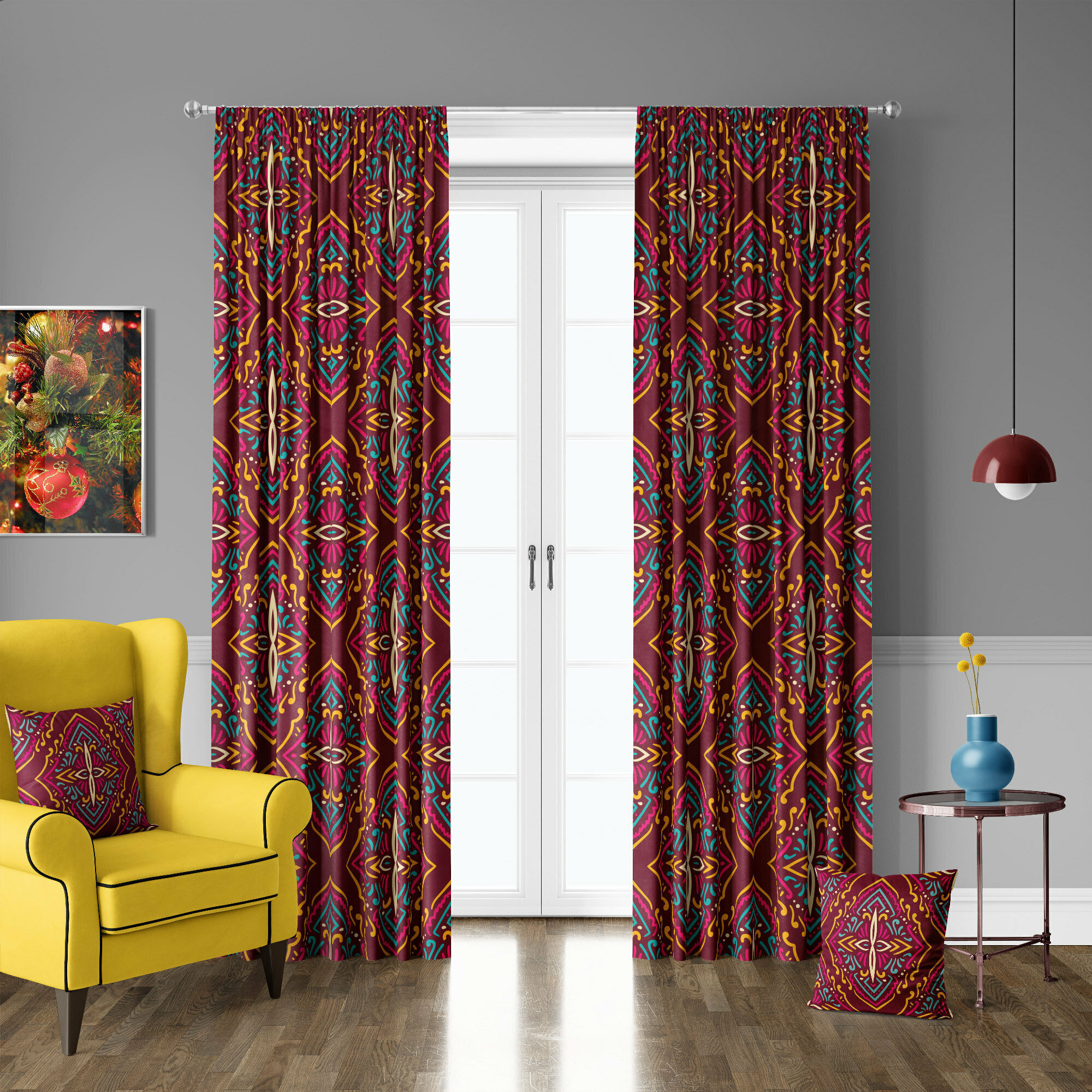 Шторы для комнаты / Новогодние шторы / Фотошторы из ткани габардин 145-260 см 2 шт. /3D шторы / Для гостиной, спальни и кухни