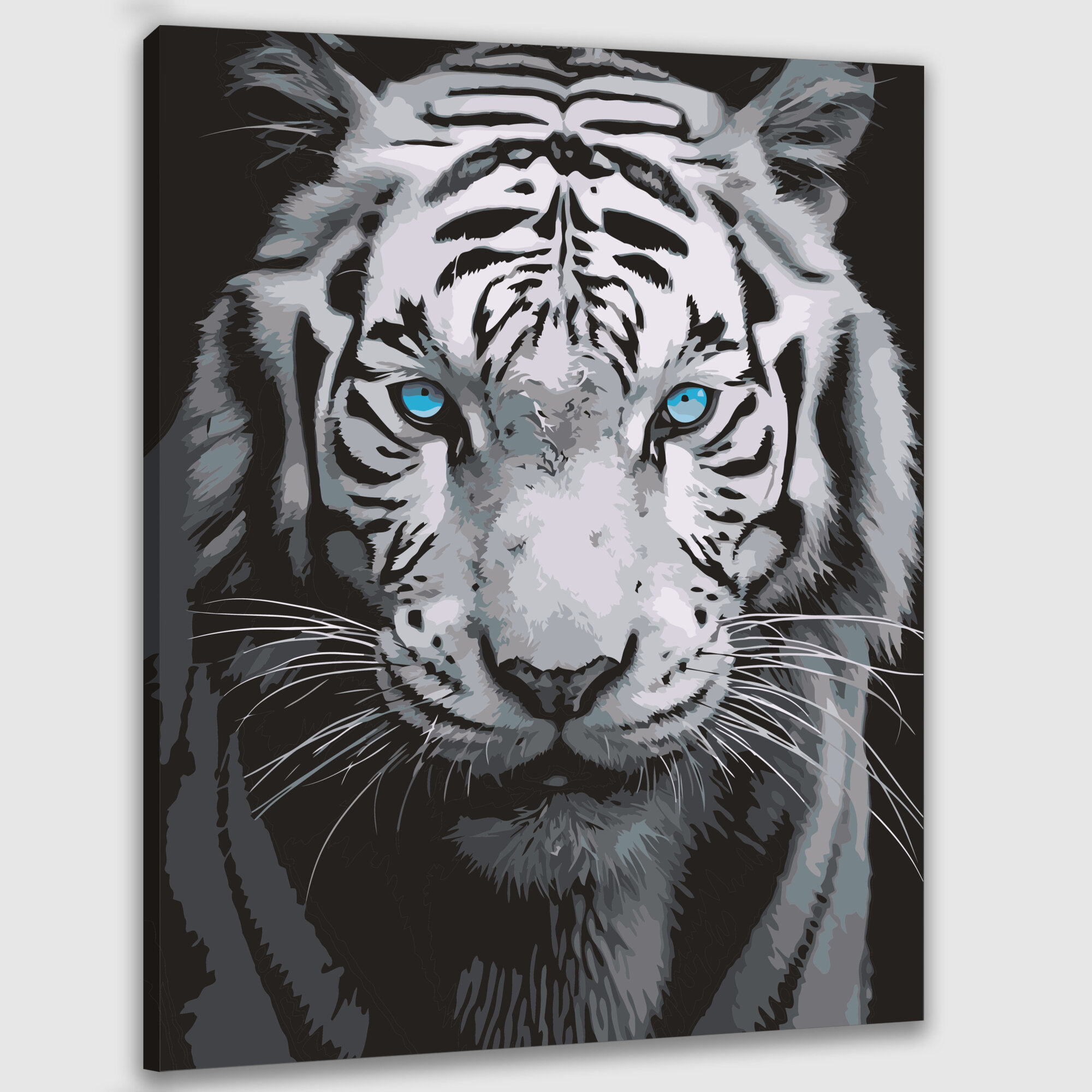 Картина по номерам 40x50 см, белый тигр, голубые глаза, крупный план, мощное присутствие, замысловатые детали