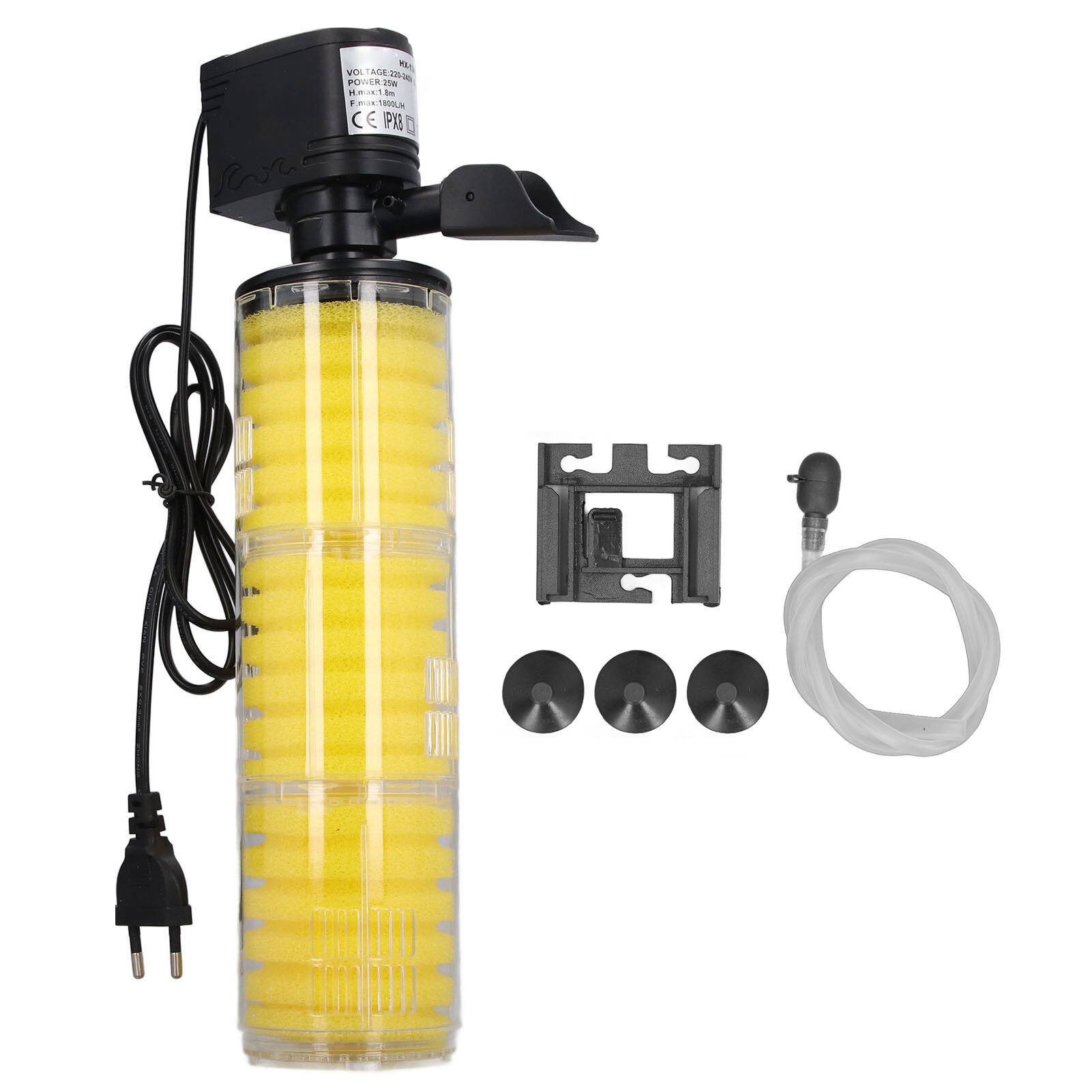 Вот перевод на русский язык с сохранением всех технических характеристик: **25-ваттный погружной аквариумный фильтр внутренний, 1800 л/ч, 3 ступени очистки, с губкой и водяным насосом, для аквариума