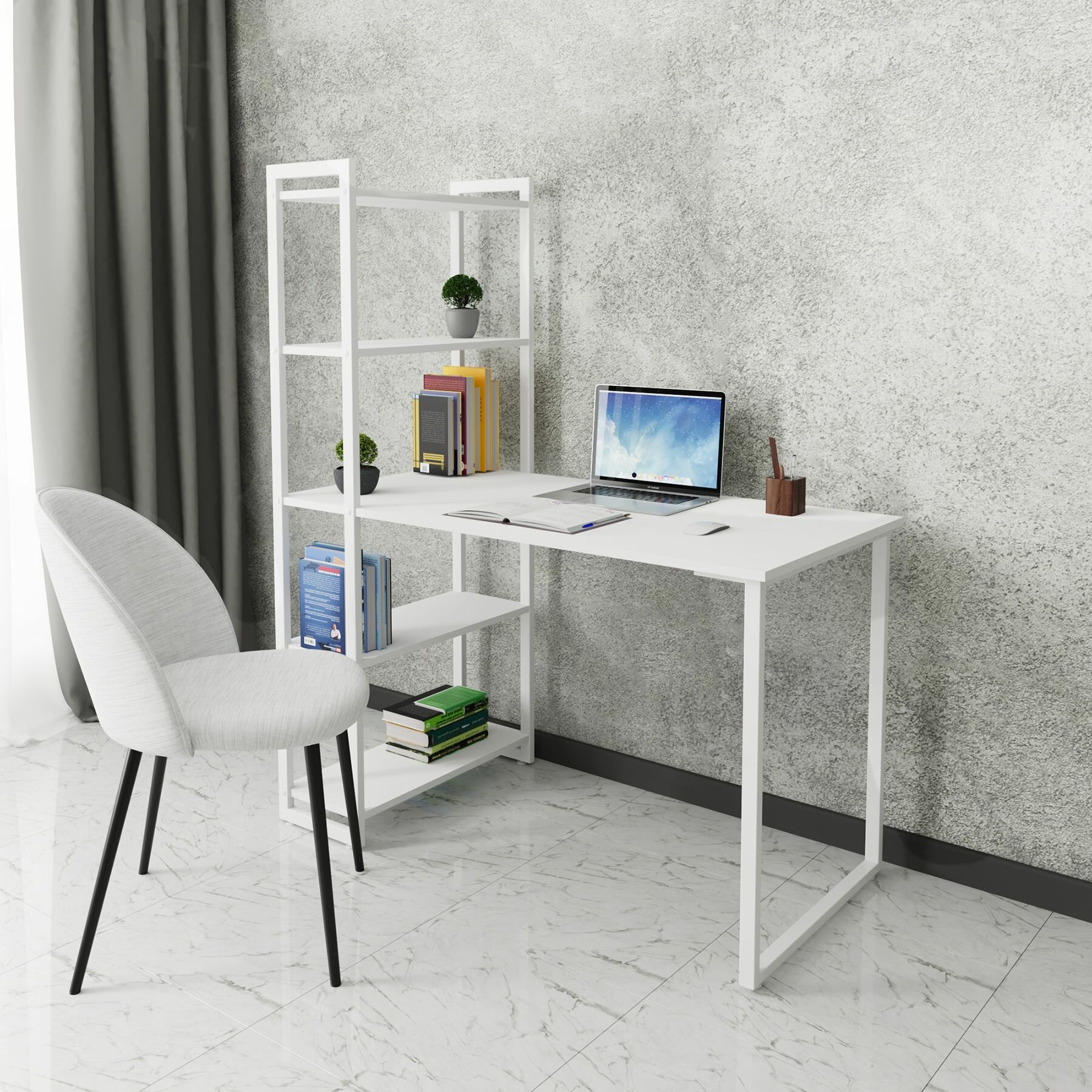 Стол-стеллаж письменный, стол компьютерный лофт Эрго 120х62х147 см, Белый