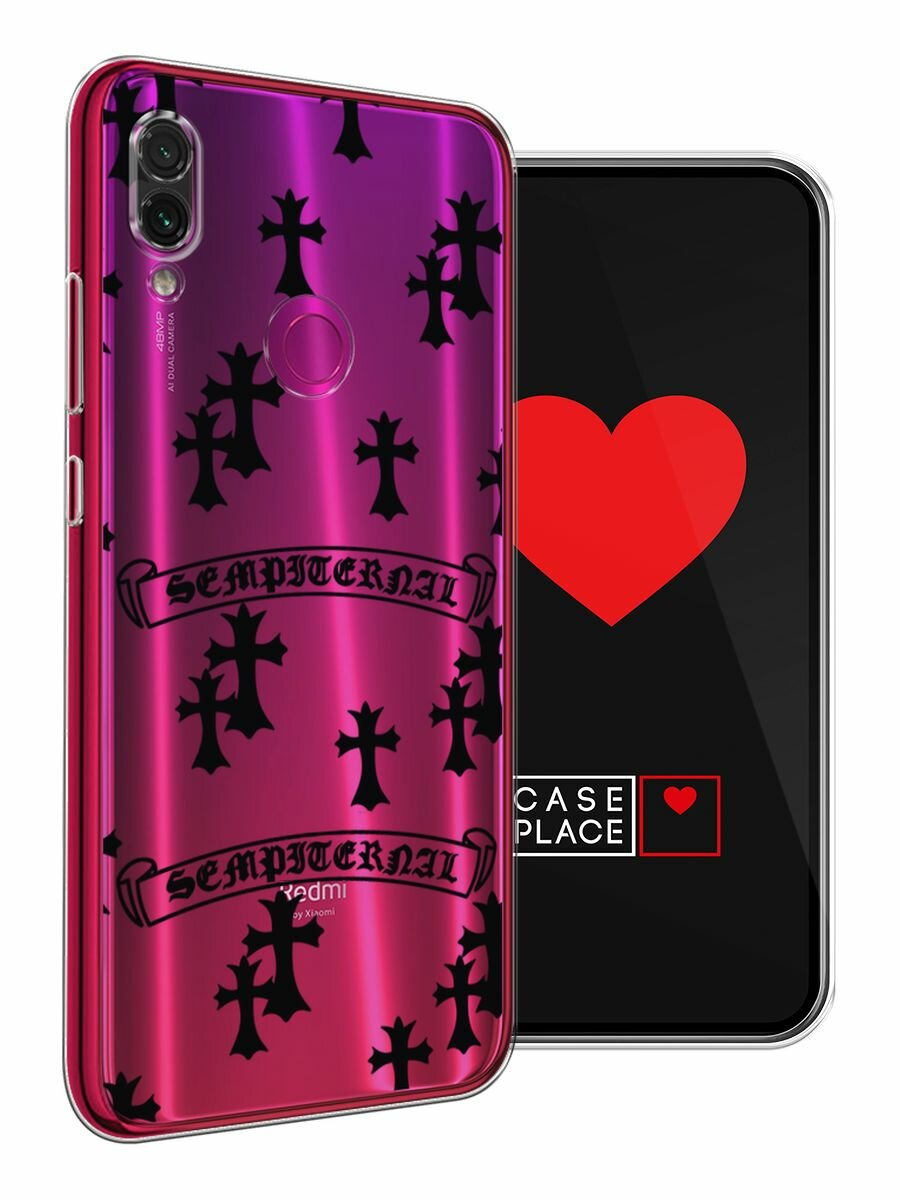 Чехол на Xiaomi Redmi Note 7 / Сяоми Редми Нот 7 с принтом "Кресты паттерн чёрный", прозрачный — фото 1