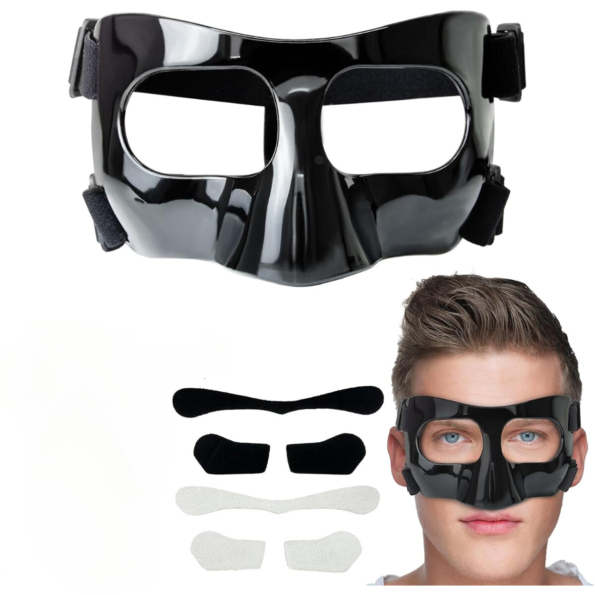 Защитный носовой щиток для сломанного носа, маски для баскетбола и футбола, регулируемые маски с пенопластовой подкладкой для мужчин и женщин, прозрачный, из высокопрочной ПК толщиной 3 мм, черный, без запаха, вес 4,5 унции, 2 набора пенопластовых