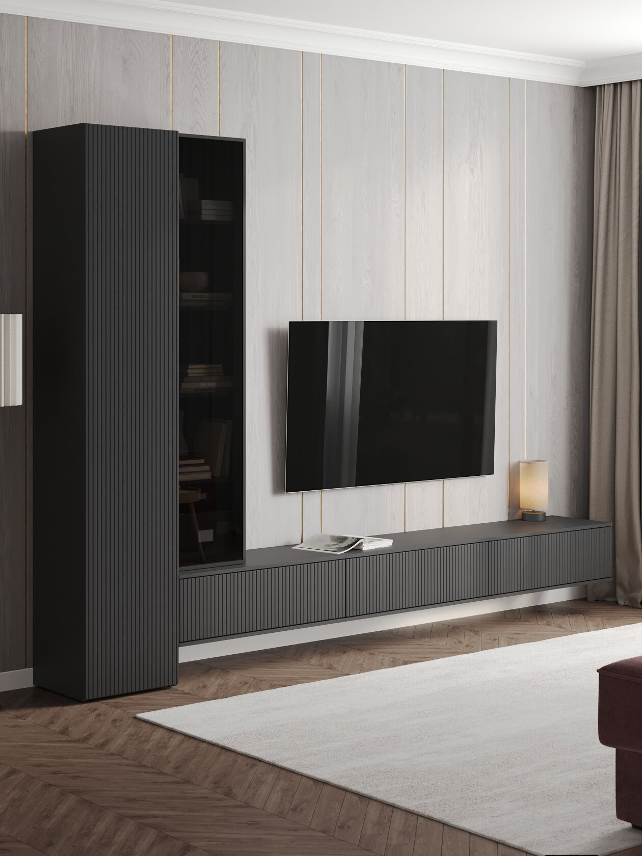 Гостиная комплект Амели, тумба под телевизор 2 шт, шкаф-витрина, шкаф-пенал, 314.5х41.6х231 см, Черный графит