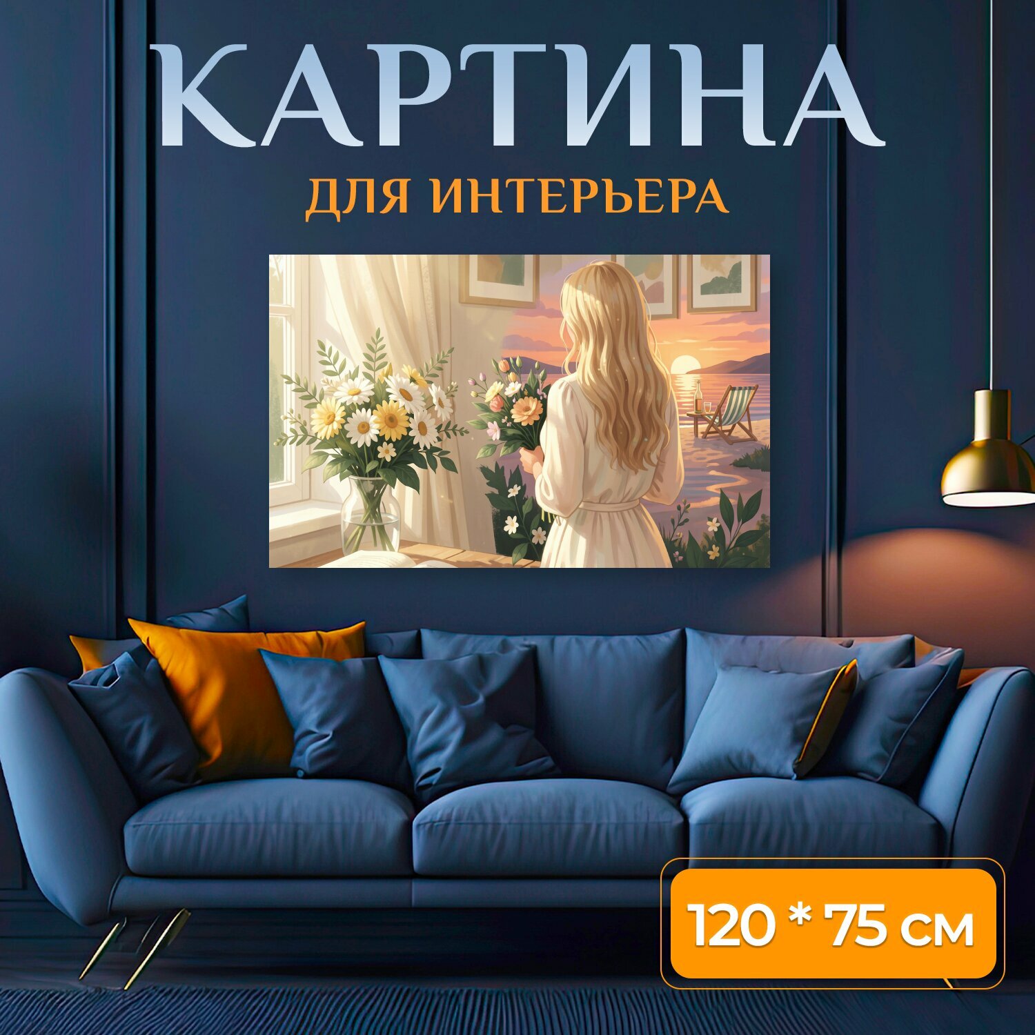 Картина на холсте "Девушка с цветами у окна. Светлая романтичная сцена в мягких пастельных тонах: блондинка в воздушном платье держит букет у." на подрамнике 120х75 см. для интерьера