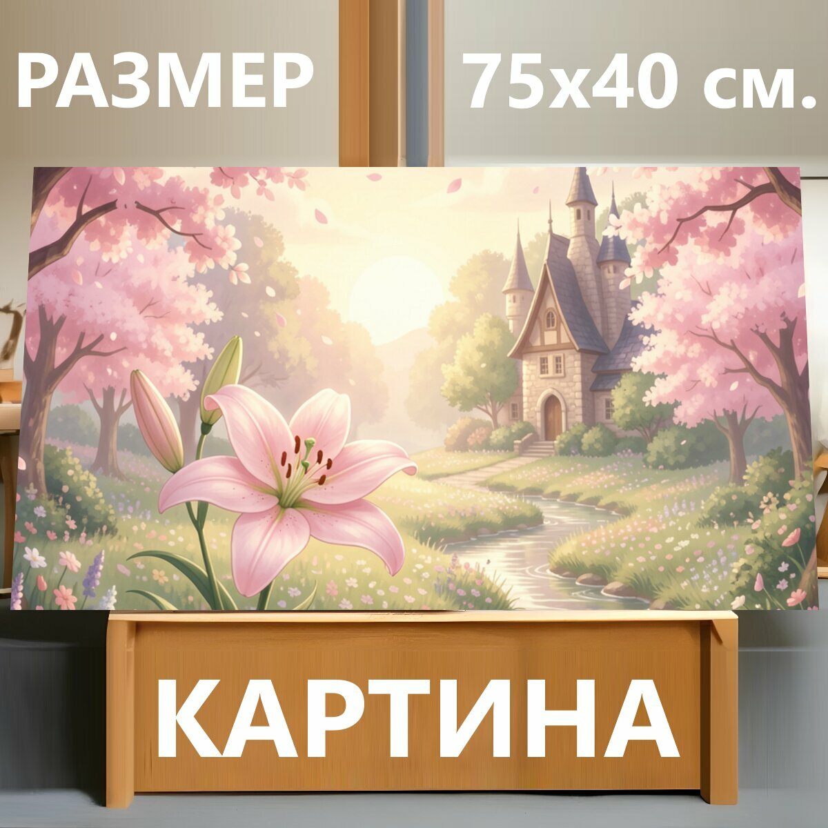 Картина на холсте "Сказочный сад с замком и лилией. Нежная пастельная иллюстрация с цветущими деревьями, ручьём и уютным дворцом вдалеке." на подрамнике 75х40 см. для интерьера