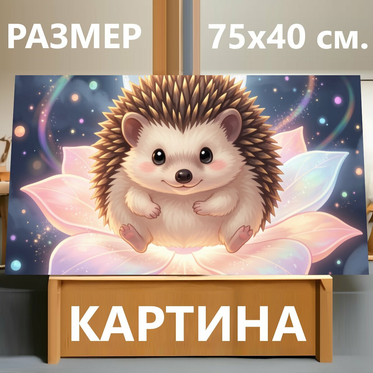 Картина на холсте "Милый ежик на лунном цветке. Нежный мультяшный ежик сидит на светящемся лепестке среди облаков и мерцающих огоньков. Лунный." на подрамнике 75х40 см. для интерьера